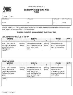 CDL STUDENT PROFICIENCY RUBRIC - RANGE TRAINING - publicsafety ohio Doc Template | pdfFiller