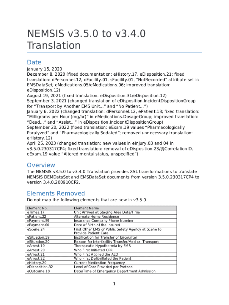 NEMSIS v3.5.0 to v3.4.0 Translation Doc Template | pdfFiller