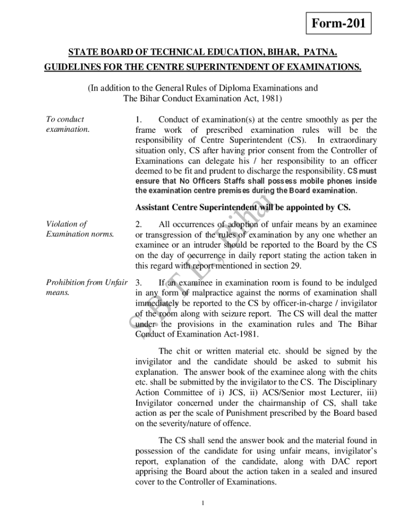 Fillable Online Form-201 Guidelines for the Centre Superintendent of Examinations Fax Email ...