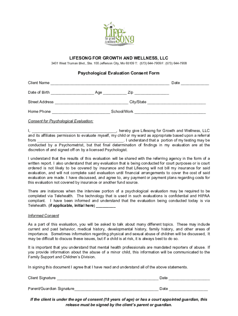 Fillable Online Psychological Evaluation Consent Form Fax Email Print ...