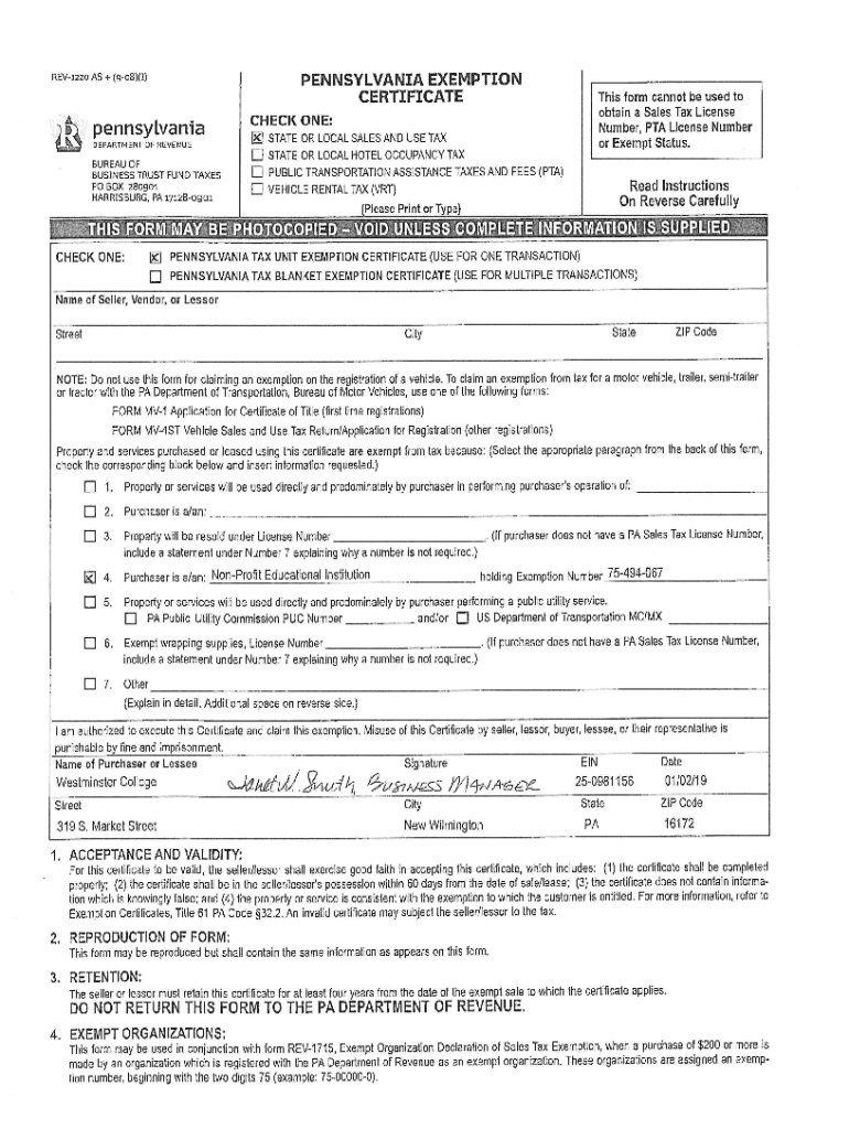 Fillable Online REV220AS+(9-080) PENNSYLVANIA EXEMPTION Fax Email Print ...