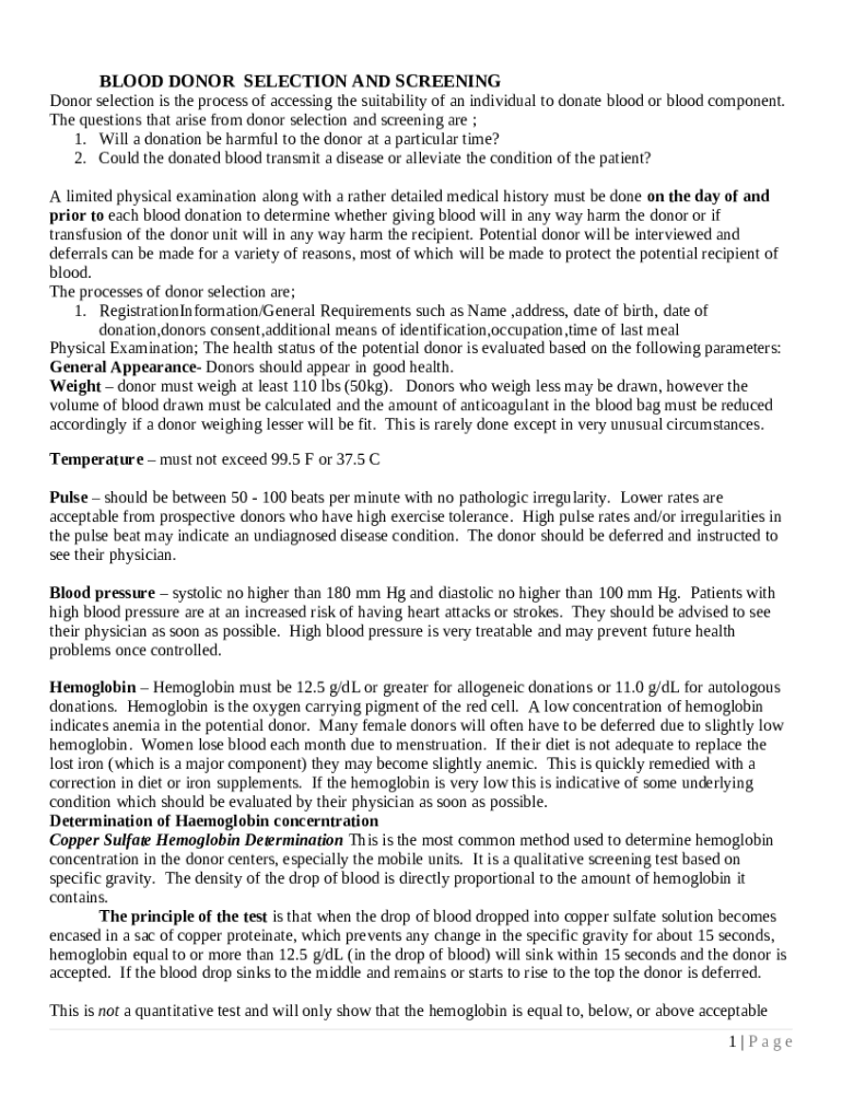 guidelines on assessing donor suitability for blood donation Doc Template | pdfFiller