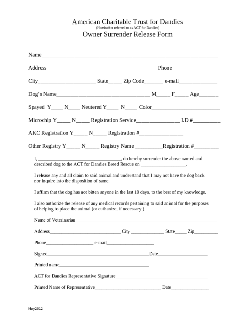 Dog Surrender Template Doc Template | pdfFiller