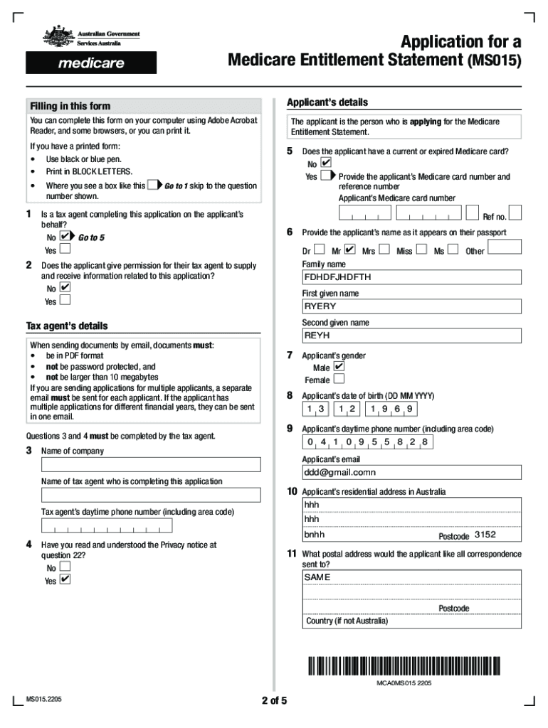 Fillable Online Application for a Medicare Entitlement Statement (MS015 ...