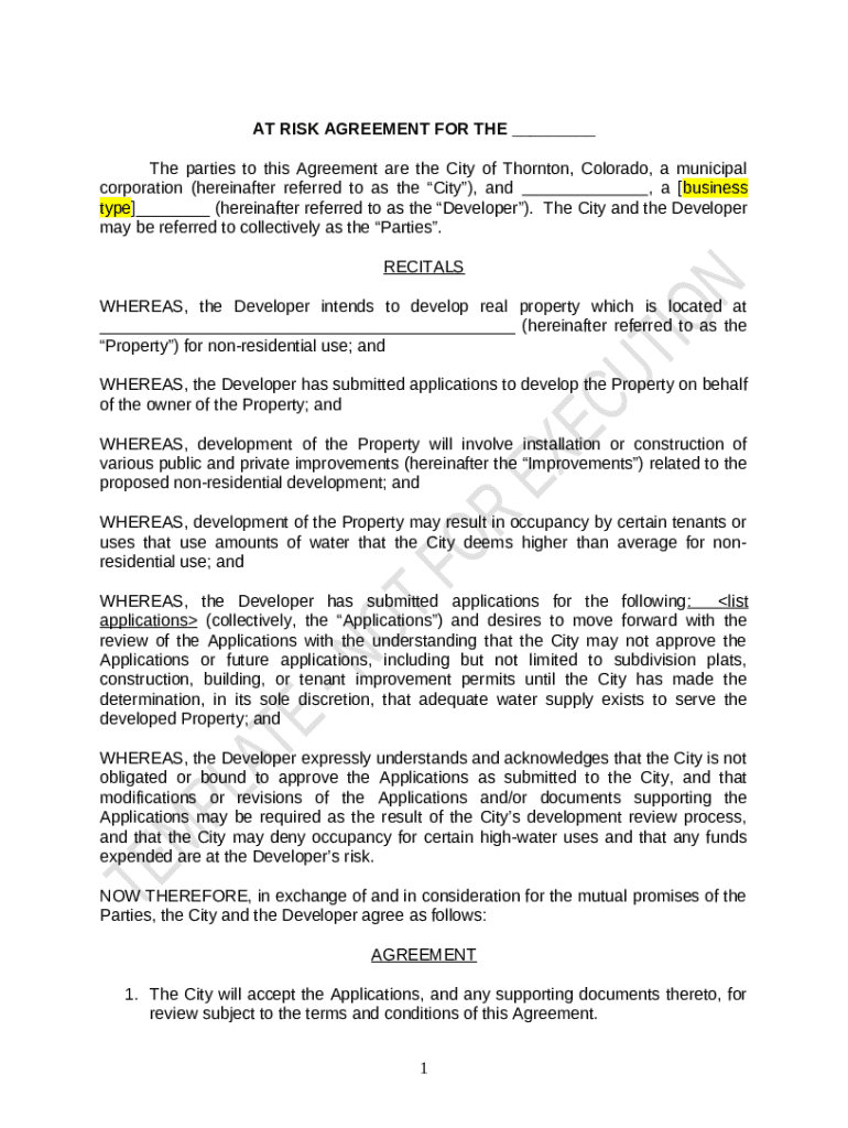 At-Risk Agreement Doc Template | pdfFiller