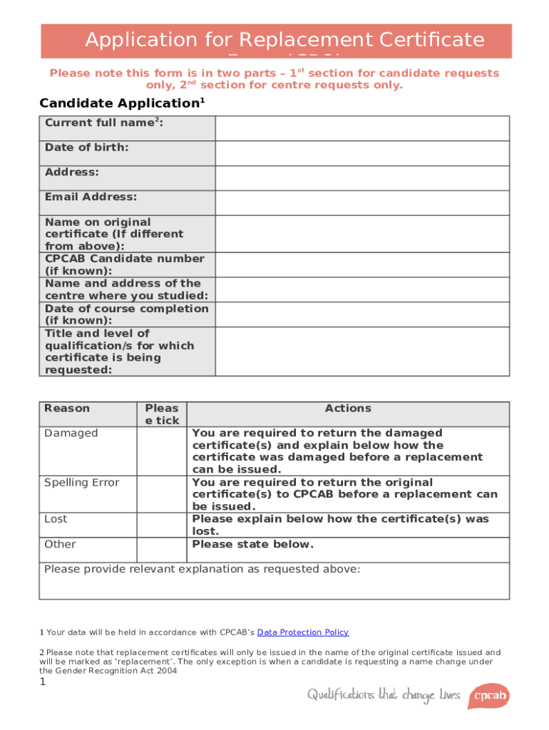 CR8 Replacement Certificate Doc Template | pdfFiller