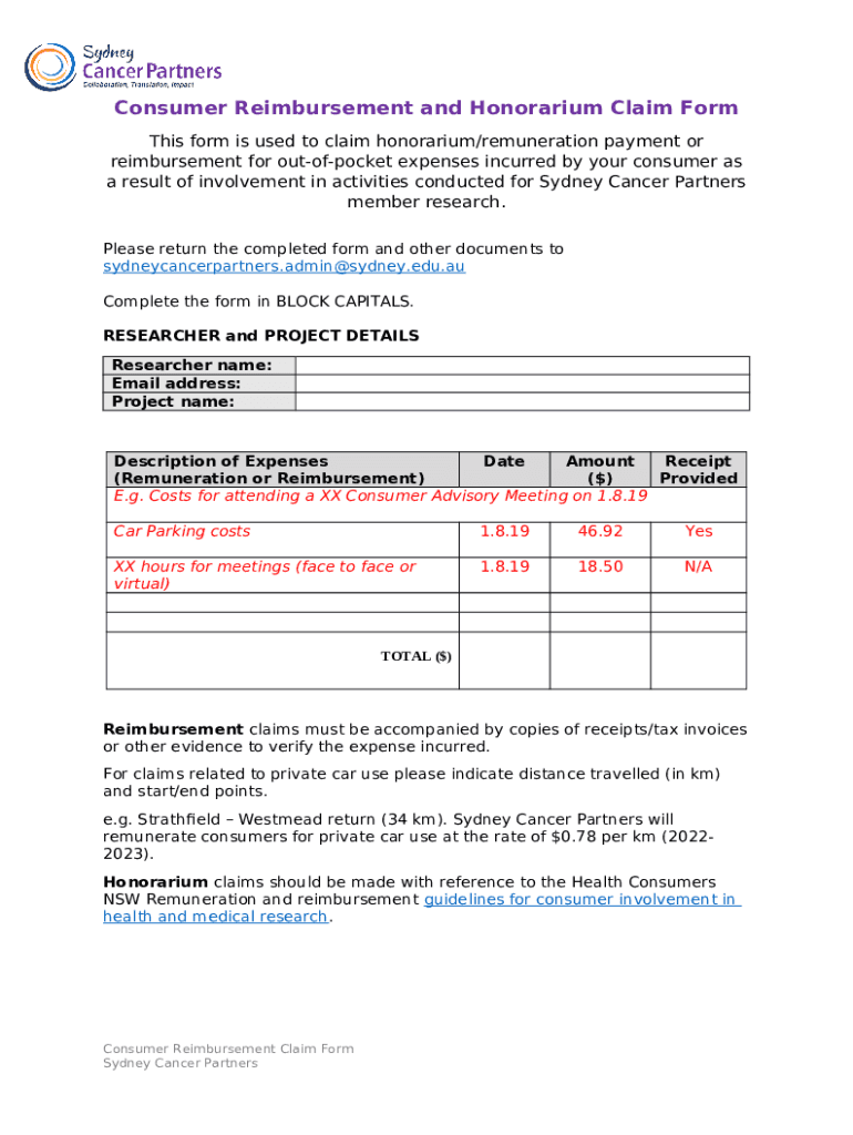 Consumer Reimbursement and Honorarium Claim Doc Template | pdfFiller