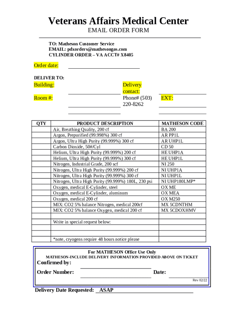 Gas Order (Portland VA Medical Center). Gas Order Doc Template | pdfFiller