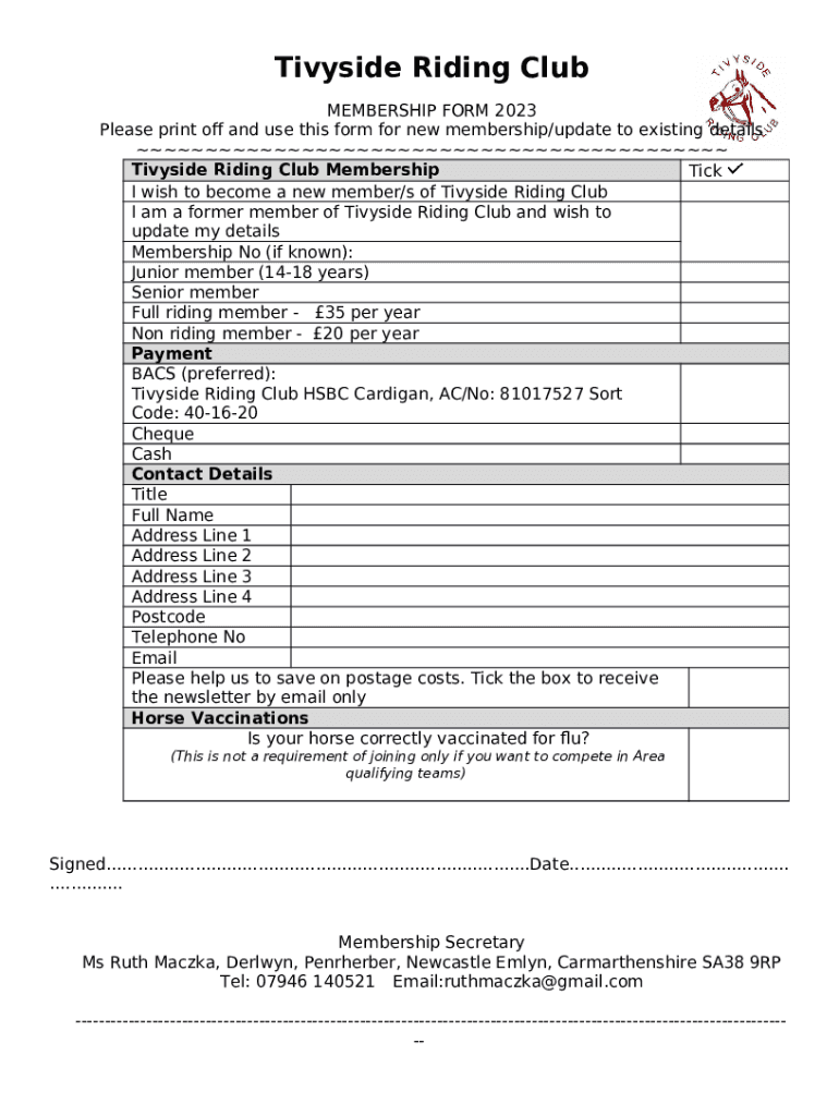 Tivyside Riding Club - Membership Doc Template | pdfFiller