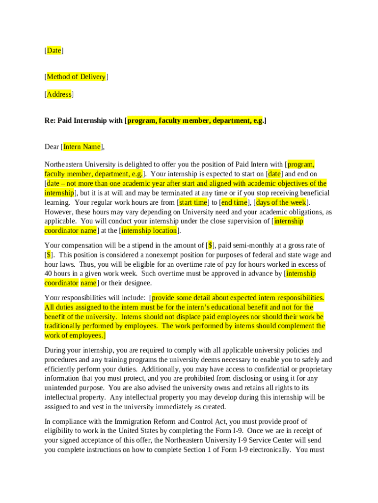 Paid Intern Template Letter Doc Template | pdfFiller
