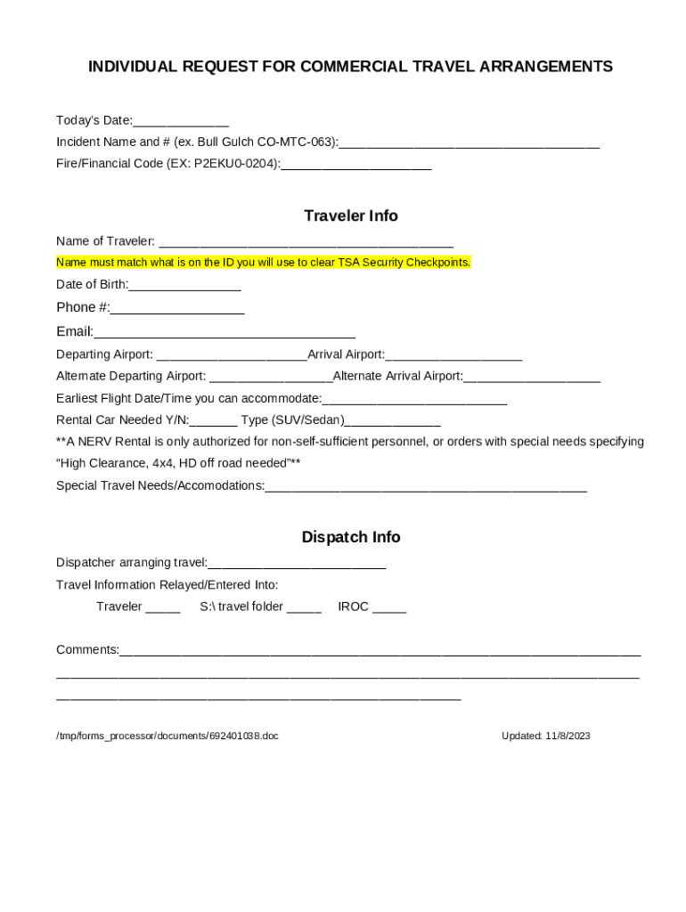 REQUEST FOR TRAVEL ARRANGEMENTS - gacc nifc Doc Template | pdfFiller