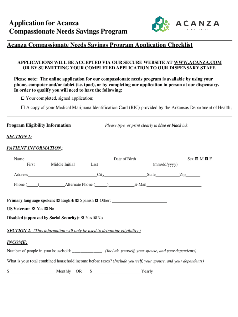 Fillable Online Application for Acanza Compassionate Needs Savings ...