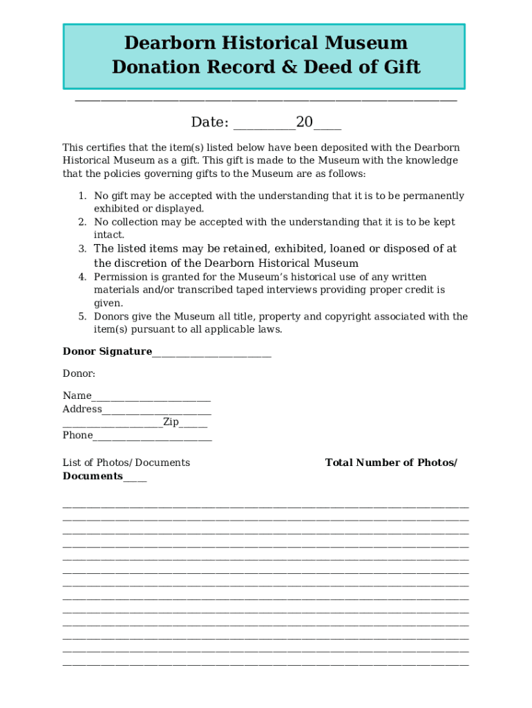 Dearborn Historical Museum Donation Record & Deed of Gift Doc Template ...