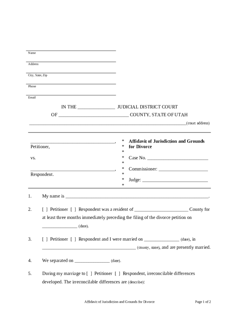 Affidavit of Jurisdiction and Grounds for Divorce Doc Template | pdfFiller