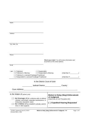 Motion to Delay (Stay) Enforcement of a Judgment Doc Template | pdfFiller