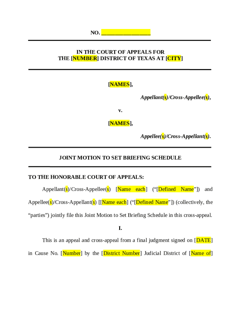 Joint Motion to Set Briefing Schedule in Cross-Appeal Doc Template ...