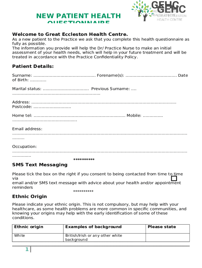 NEW PATIENT HEALTH QUESTIONNAIRE Welcome to ... Doc Template | pdfFiller