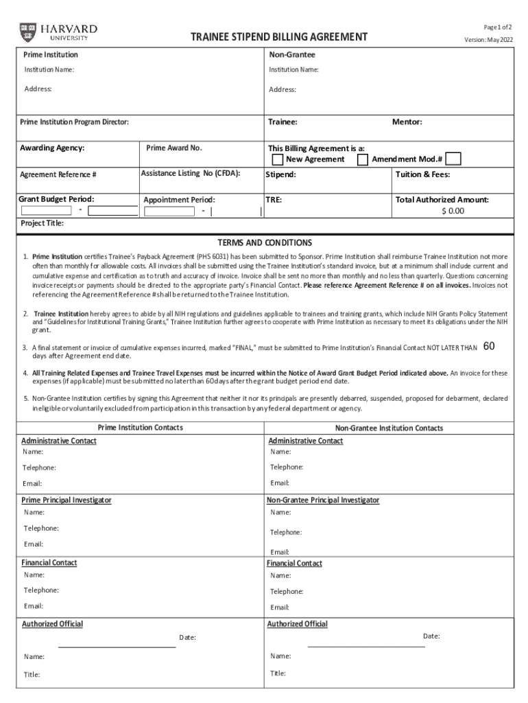 Fillable Online salary billing agreements trainee stipend billing ...