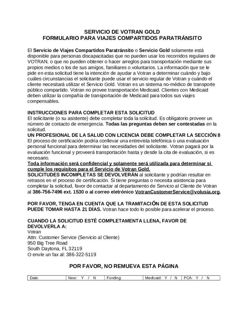 VOTRAN GOLD SERVICE PARATRANSIT SHARED-RIDE ... Doc Template | pdfFiller