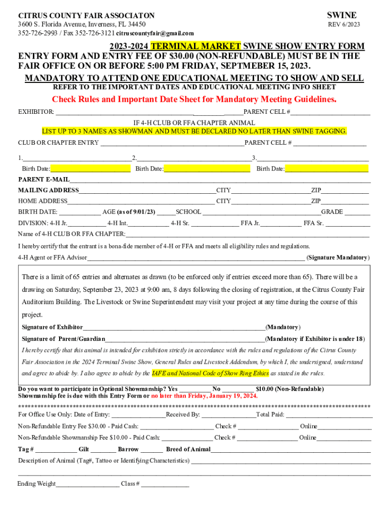 Fillable Online SWINE 2022-2023 SWINE SHOW ENTRY FORM ... Fax Email ...