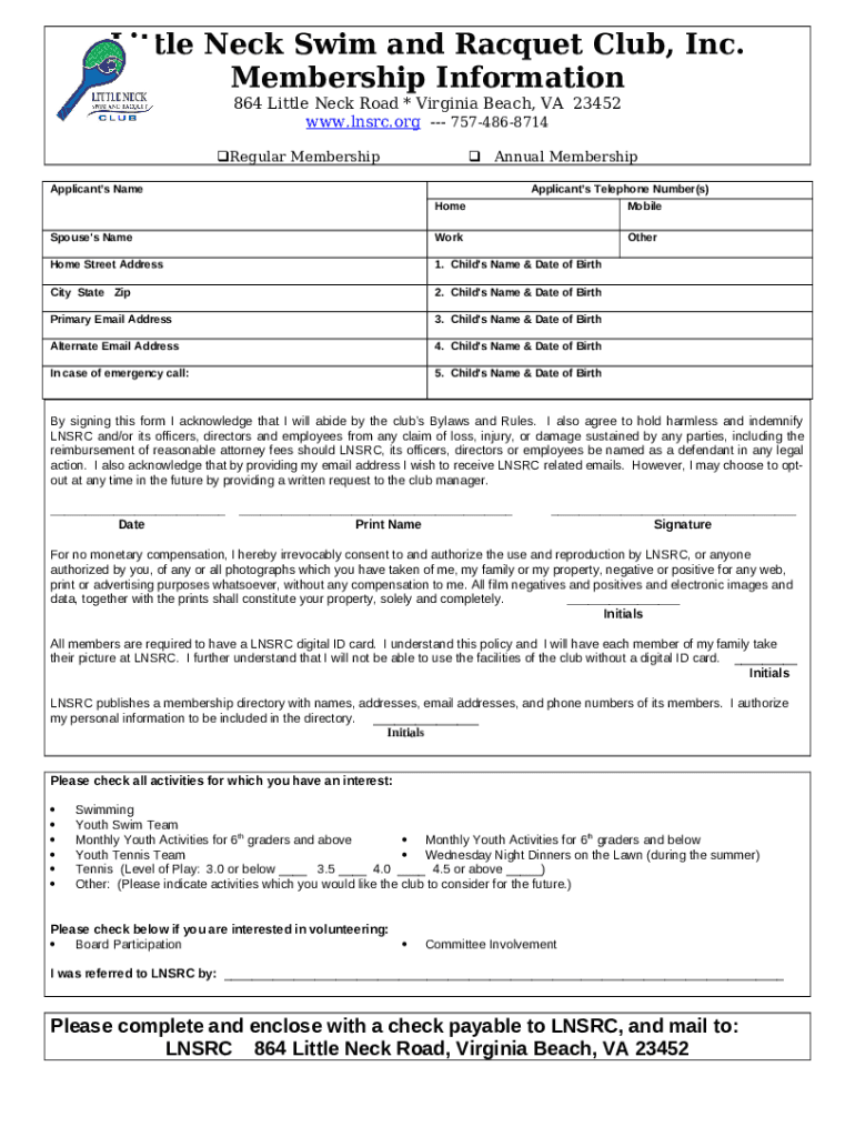 Little Neck Swim and Racquet Club, Inc. Membership ... Doc Template | pdfFiller