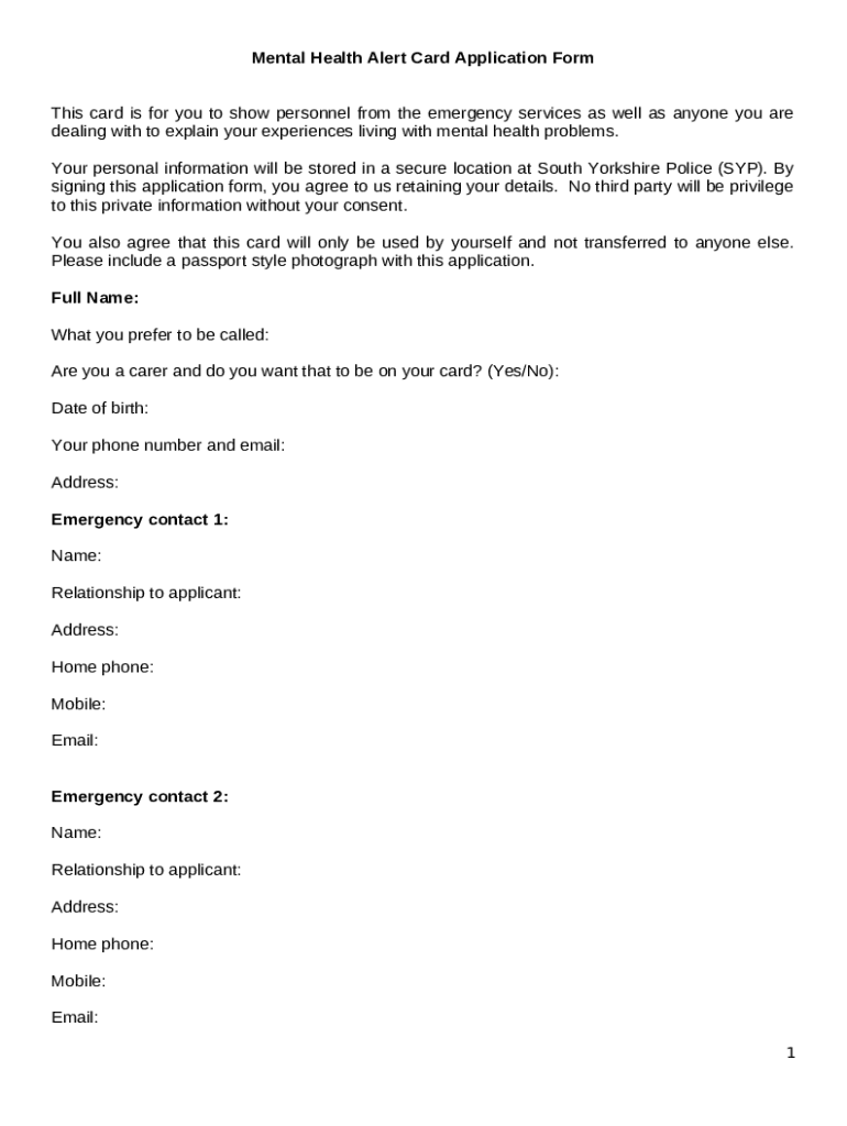 Mental Health Alert Card Application Doc Template | pdfFiller