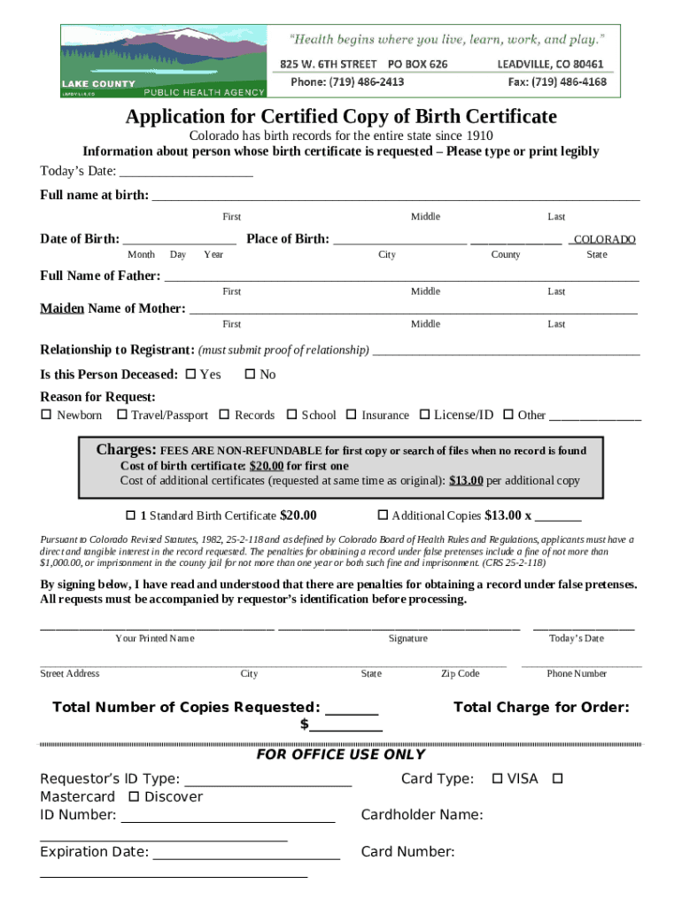 COLORADO - Application for Certified Copy of Birth Certificate Doc ...