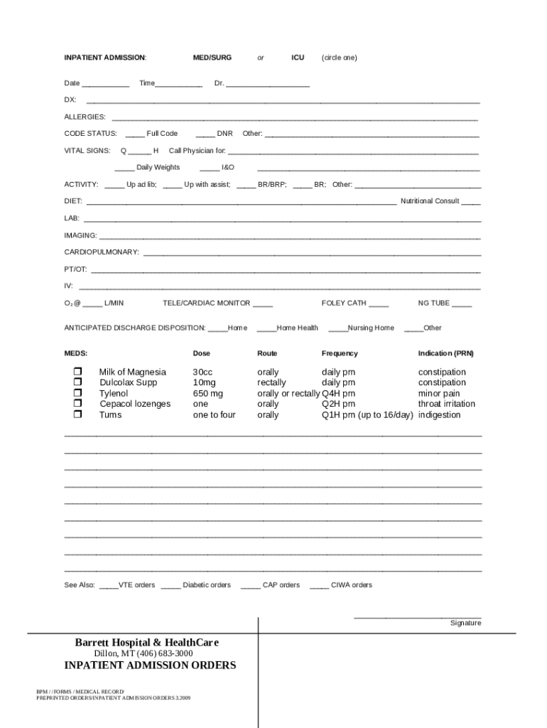 INPATIENT ADMISSION:MED/SURGor ICU(circle one) Doc Template | pdfFiller
