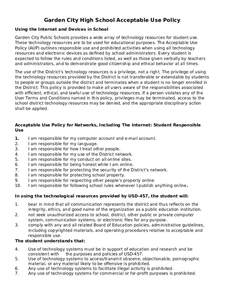 Garden City High School Acceptable Use Policy Doc Template | pdfFiller