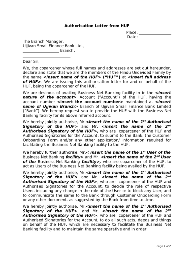 Hindu undivided family (HUF) authorisation letter Doc Template | pdfFiller