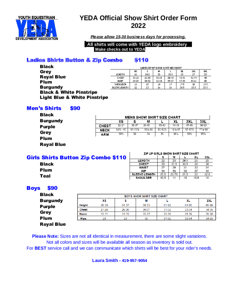 YEDA Official Show Shirt Order -2 Doc Template | pdfFiller