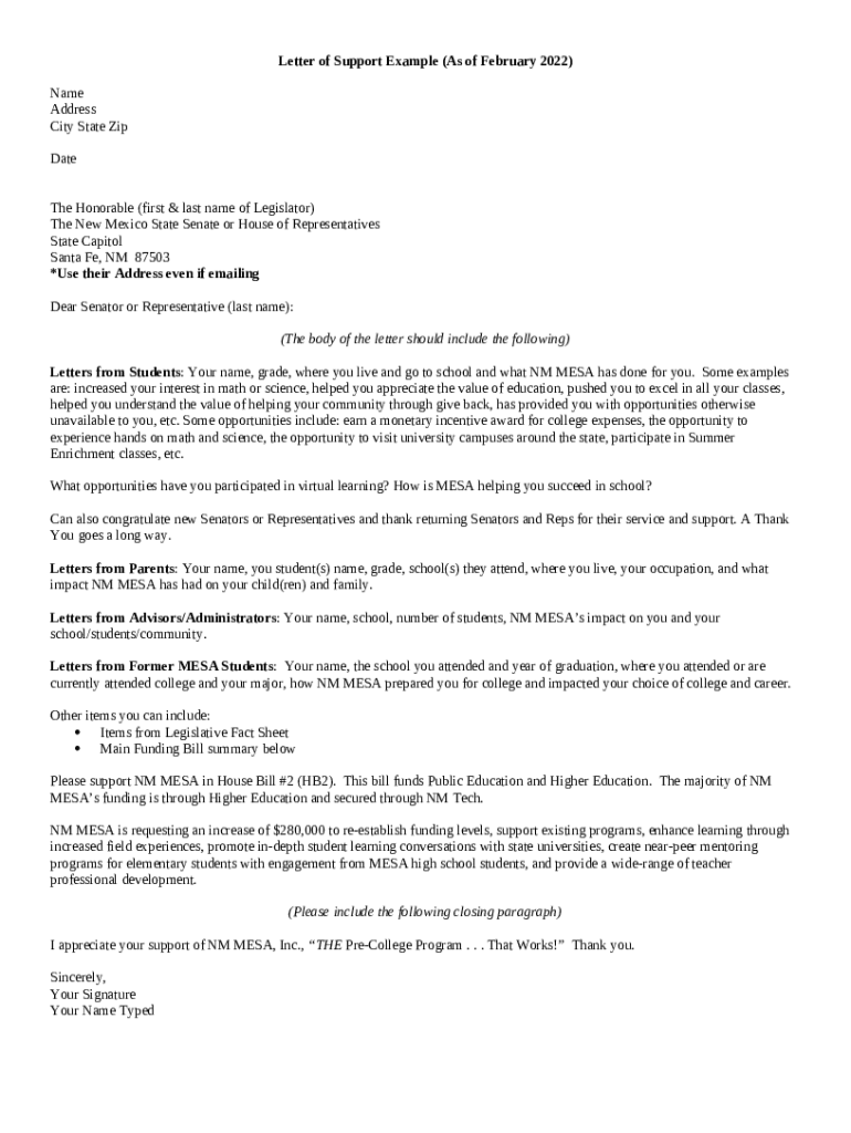 SB 1047 Sample Support Letter Doc Template | pdfFiller