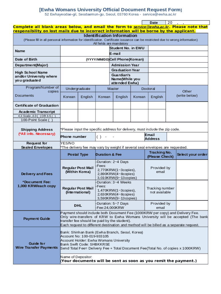Ewha Womans University Official Document Request Doc Template | pdfFiller