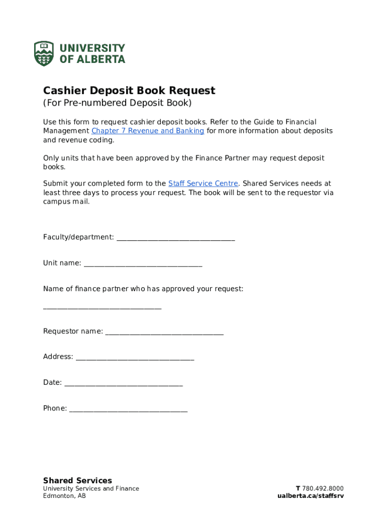 Cashier Deposit Book Request Doc Template | pdfFiller