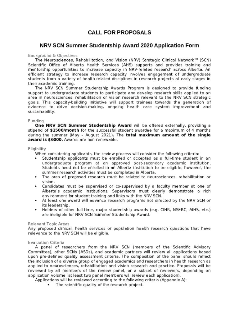 NRV SCN Summer Studentship Award 2020 Application Doc Template | pdfFiller