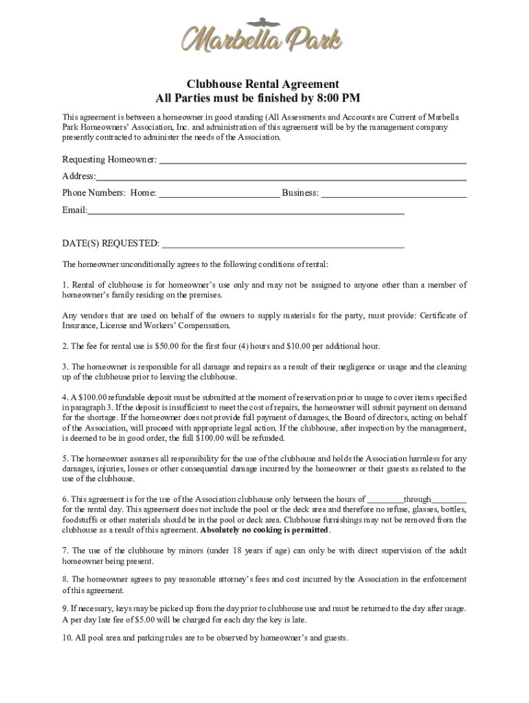 Fillable Online Clubhouse Rental Agreement All Parties must be finished ...