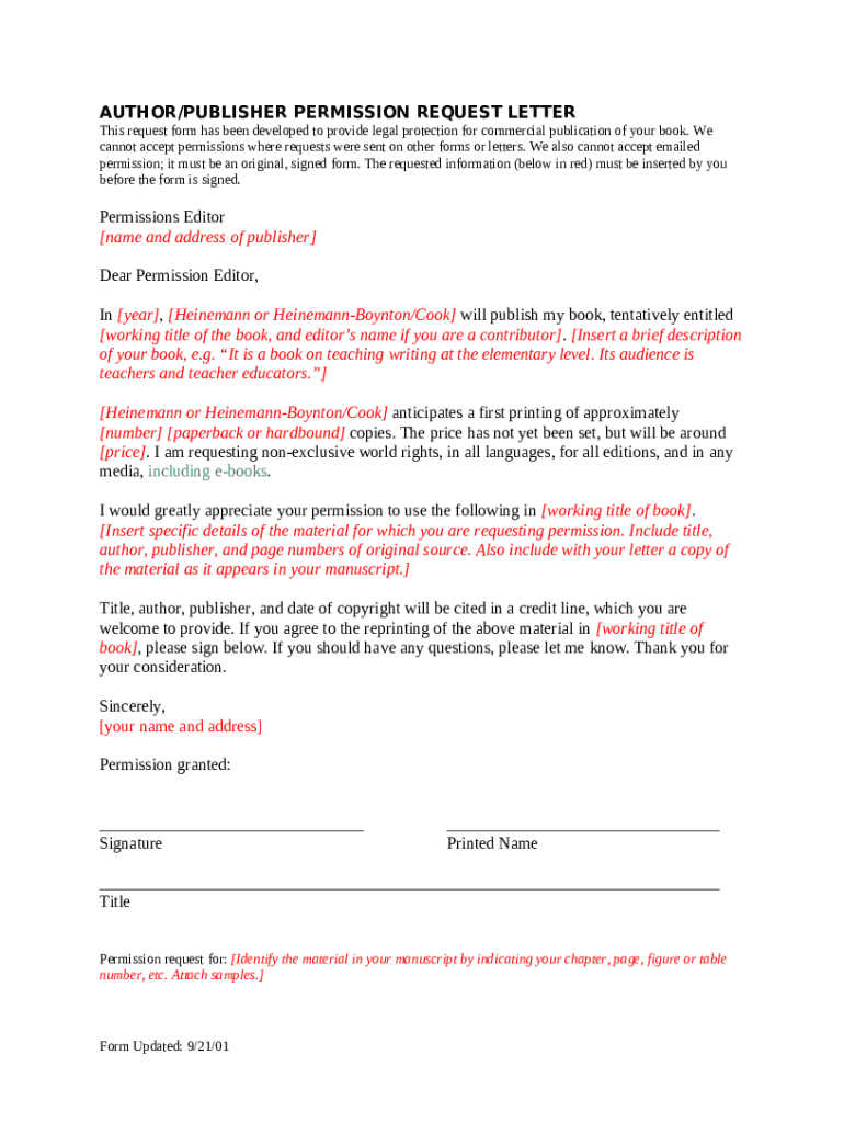 AUTHOR/PUBLISHER PERMISSION REQUEST LETTER Doc Template | pdfFiller