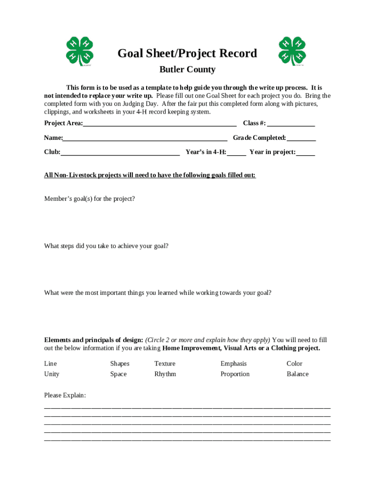 4-H Exhibit Goal Sheet Doc Template | pdfFiller