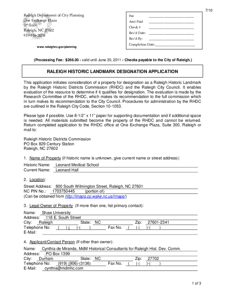 Fillable Online Raleigh Department of City Planning - One Exchange ...