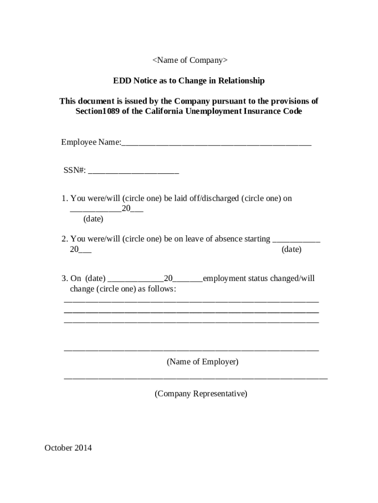 California's Notice of Change in Relationship Requirements Doc Template ...