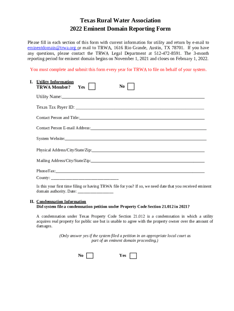 TRWA's Eminent Domain Reporting Service Doc Template | pdfFiller