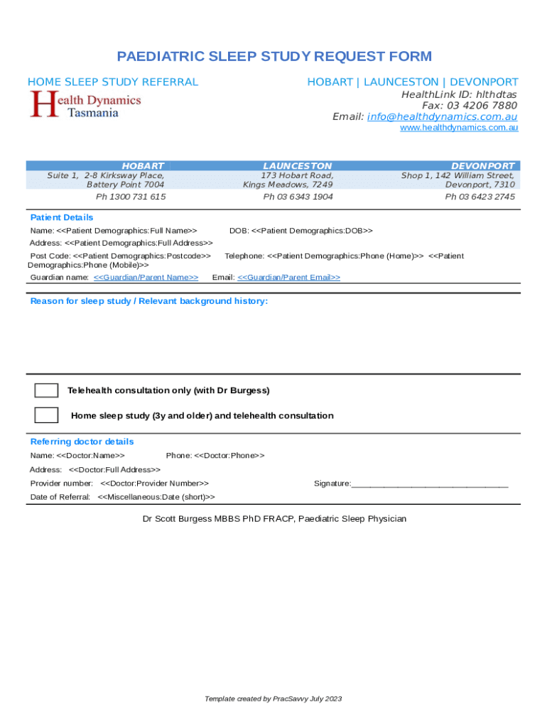 Sleep Disorders - Outpatient Clinics, Tasmanian Health ... Doc Template | pdfFiller