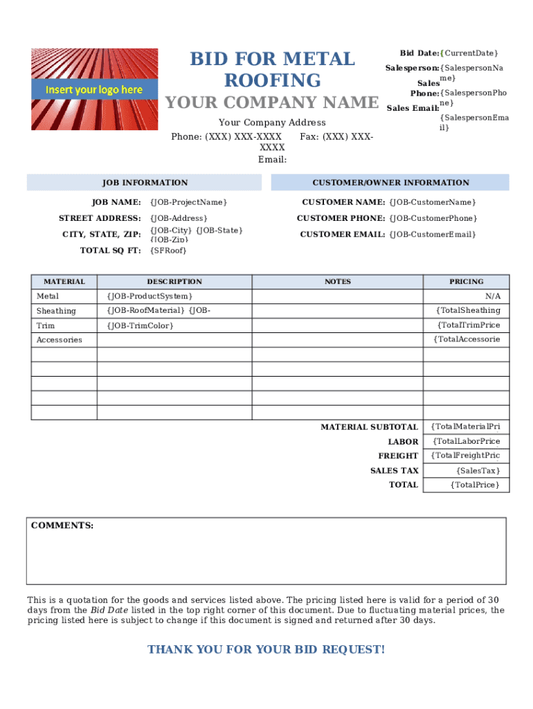 bid for metal roofing Doc Template | pdfFiller