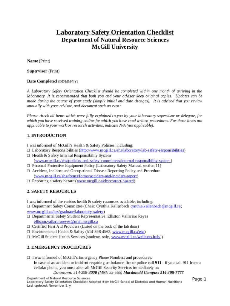 Laboratory Safety Orientation Checklist Department of ... Doc Template ...