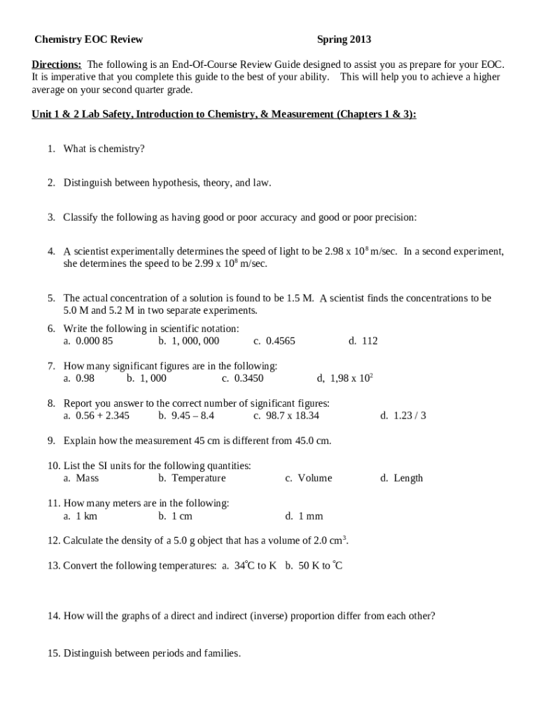 Chemistry EOC Study Guide - Mrs. Neill's Classes Doc Template | pdfFiller