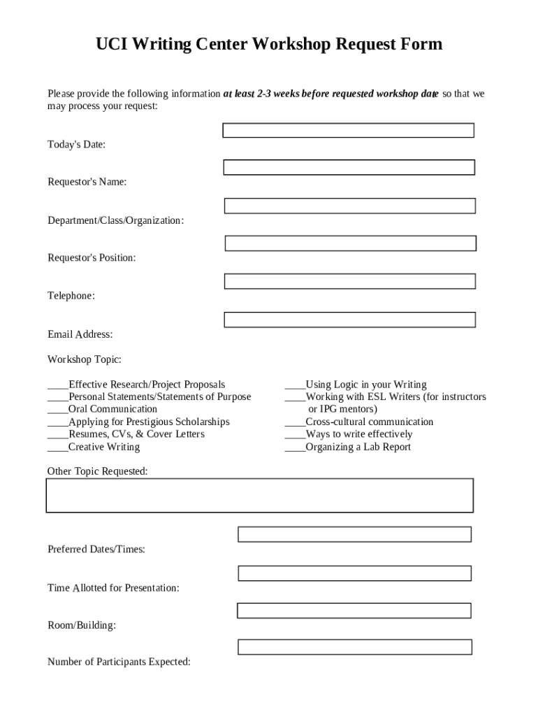 UCCS Presentation/Workshop Request Doc Template | pdfFiller
