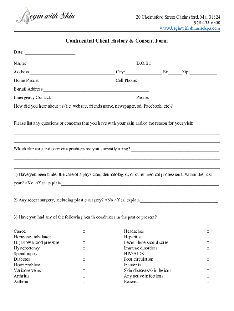 Fillable Online Begin with Skin Med Spa, 20 Chelmsford Street, 2nd Floor ... Fax Email Print ...