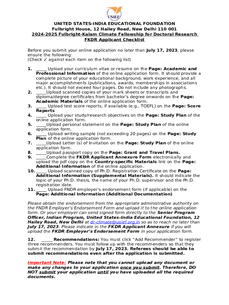 Fulbright-Kalam Climate Fellowships for Doctoral Research Doc Template | pdfFiller