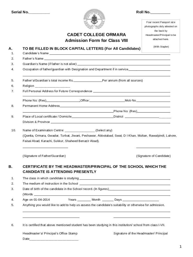 Cadet College Ormara Admission For Class VIII: ... Doc Template | pdfFiller