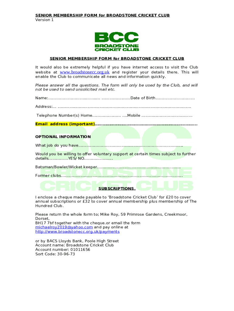 Junior Membership for Broadstone Cricket Club 2006 Doc Template | pdfFiller